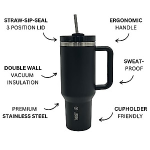 THIRST Quench H2.0 40 oz tumbler with handle and straw | Stainless Steel Tumbler | Insulated Tumbler | Double Wall Mug | Thermos | Cup | Water Bottle (New Generation Lid & Straw) (Black)