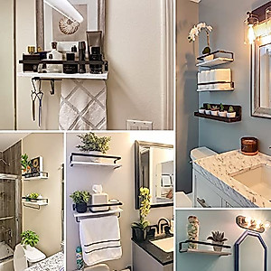 HIPPIH White Floating Shelves for Wall Set of 2, Rustic Cedar Wood Floating Shelf with Rails & Towel Holder, Decorative Storage Floating Shelves for Bathroom, Living Room, Kitchen and Bedroom