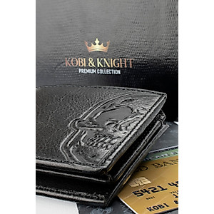 Kobi & Knight Mens Leather Skull Wallet | Bifold Wallet with Embossed Skull Design | Full Grain Leather Wallet in Gift Box | Gift Idea For Men