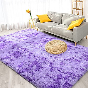 FlyDOIT Purple Tie-Dyed Large Rugs for Living Room, 4x6 Feet Shaggy Rug Fluffy Throw Carpets, Ultra Soft Plush Modern Indoor Fuzzy Rugs for Bedroom Girls Kids Nursery Room Dorm Home Decor