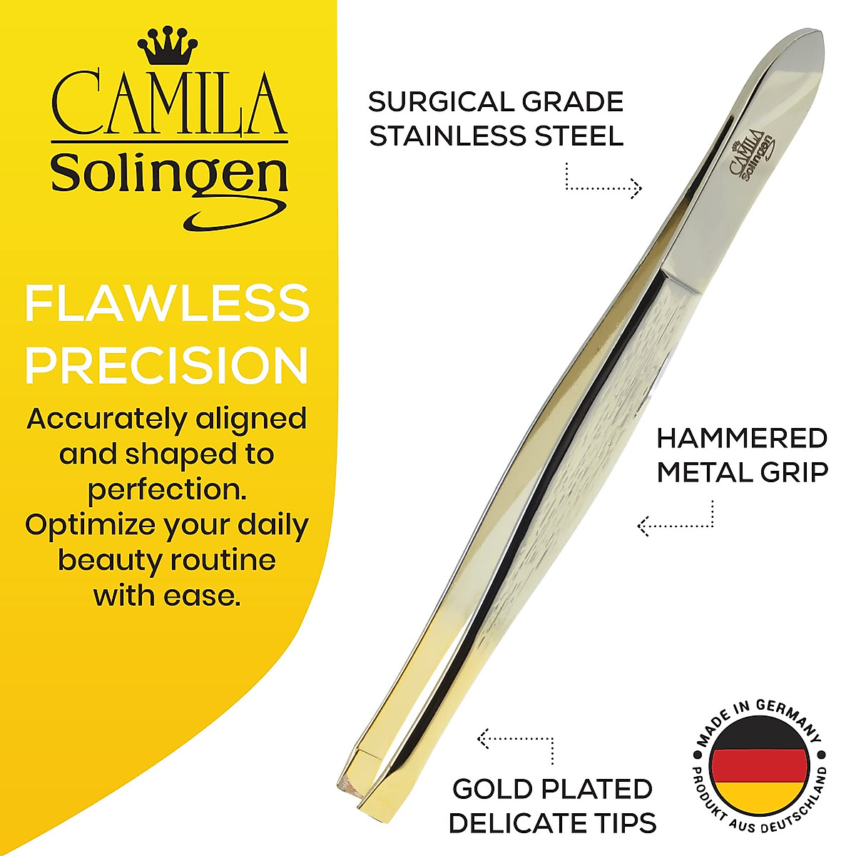 Camila Solingen CS31 3 1/2" Gold Tipped, Surgical Grade, German Stainless Steel Tweezers (Straight) - Flawless Facial Hair and Eyebrow Shaping and Removal for Men/Women