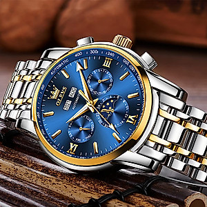OLEVS Automatic Men Watch Self Winding Mechanical Luxury Dress Moon Phase Stainless Steel Blue Face Waterproof Luminous Calendar Wrist Watch