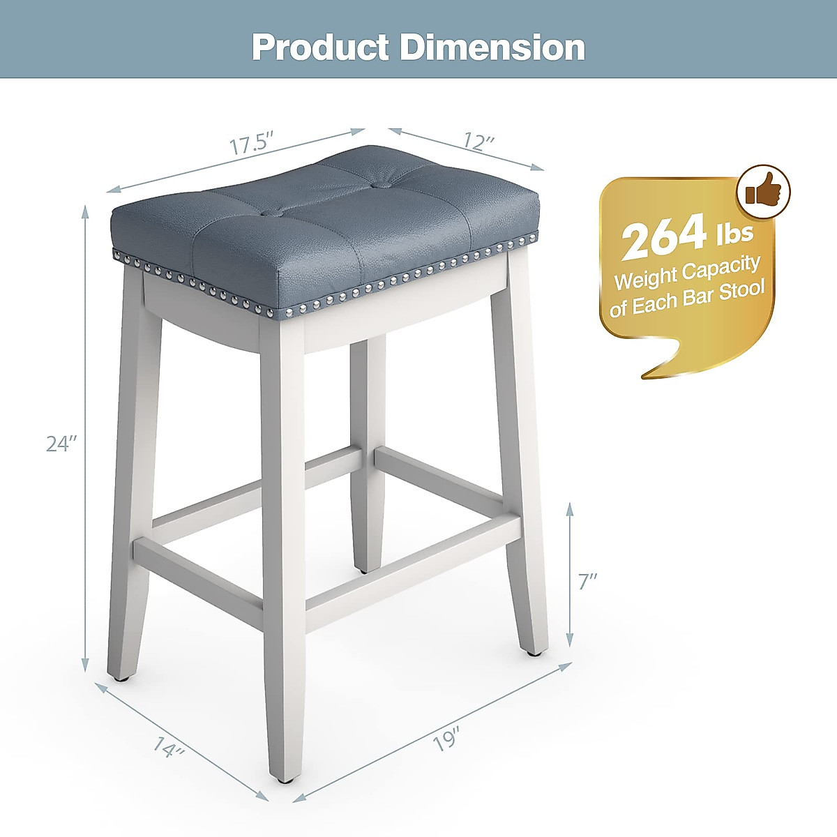 COSTWAY Bar Stools Set of 2, 24-Inch Height Backless Counter Stool with Footrest, Soft Seat Cushion, Wood Legs and Non-Slip Foot Pad, Saddle Stools for Home Kitchen Living Room, Stone Gray+White