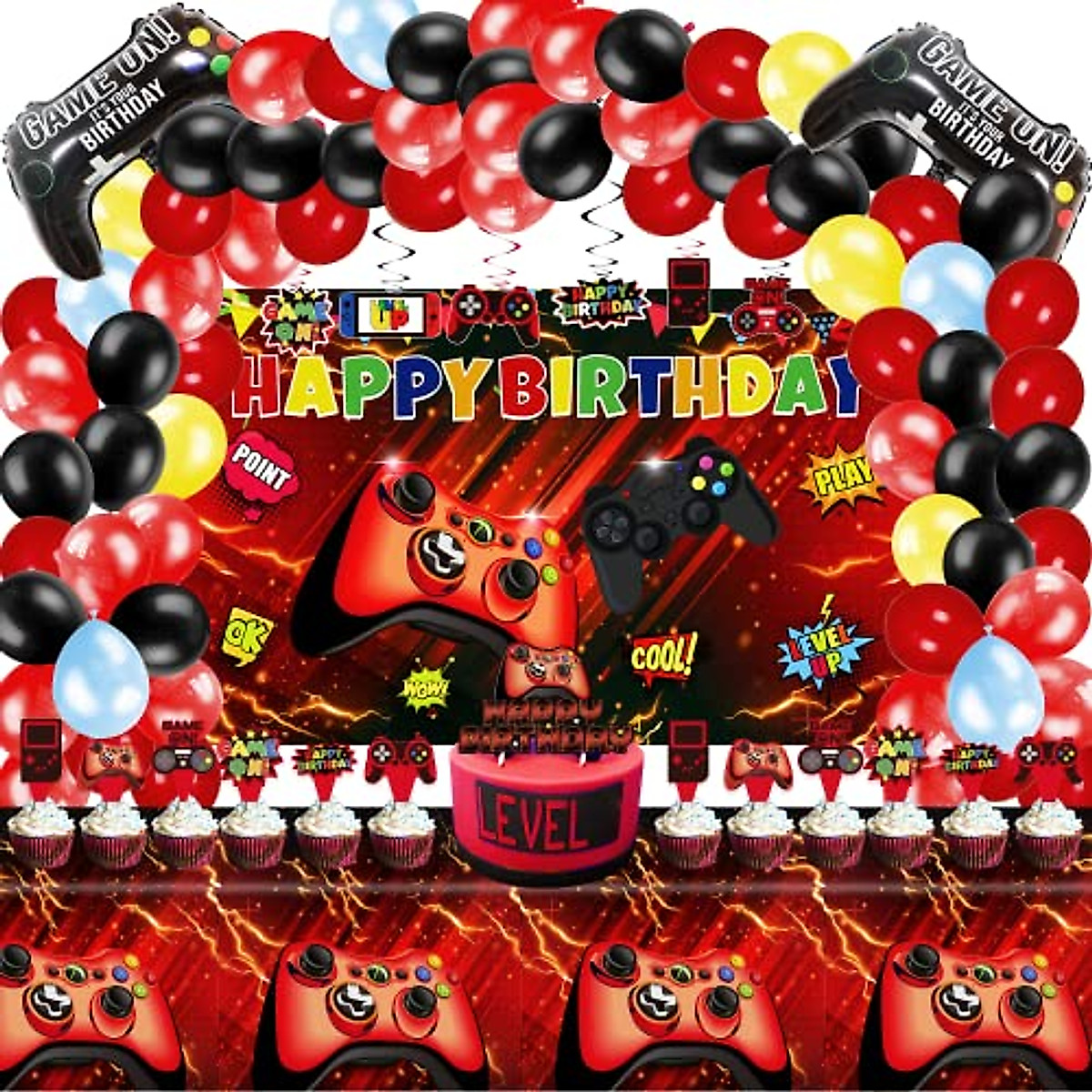 Video Game Birthday Party Decorations - 109Pcs Red and Black Gamer Gaming Party Supplies For Boys Birthday Party - Happy Birthday Gaming Backdrop, Table Cover, Hanging Swirls, Cupcake Topper, Cake Topper, Multi-Color Balloons and Foil Gamer Balloon