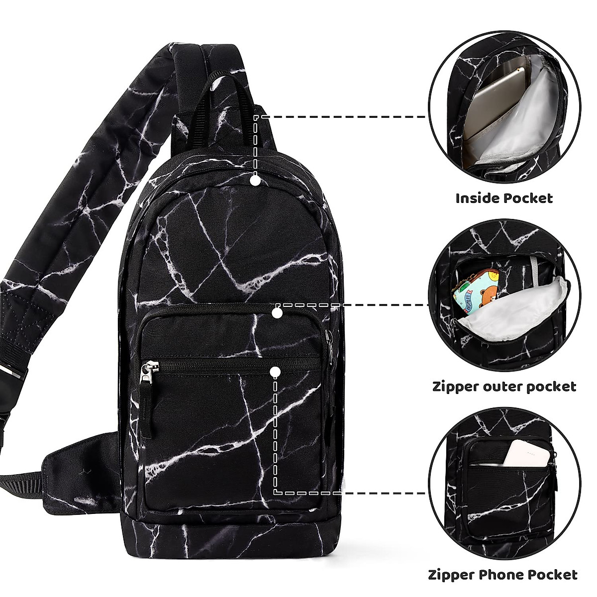 Choco Mocha Girls Sling Bag for Kids, Travel Hiking Sling Backpack for Teen Girls One Strap Women Daypack, Marble Black