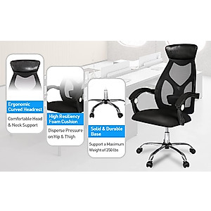 Ergonomic Office Desk Chair, Recliner with Mesh High Back Leather Headrest, Adjustable Lumbar Support Reclining Office Chair, Padded Armrest for Swivel Office Task Computer Chair, Modern Black
