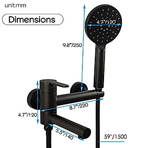 KAPHOME Matte Black Wall Mount Bathtub Faucet with Hand Shower,Tub Shower Faucet with Lengthened Folding Spout,KHSB05U