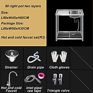 Commercial 304 Stainless Steel Sink Free Standing Single Bowl Commercial Restaurant Kitchen Sink with Left Drainboard Storage Shelve Faucet 1 Compartment Restaurant Kitchen Sink fo