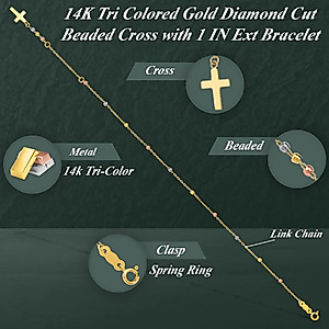 Auriga Fine Jewelry 14k Tri Colored Gold Diamond Cut Beaded Cross Bracelet 7"