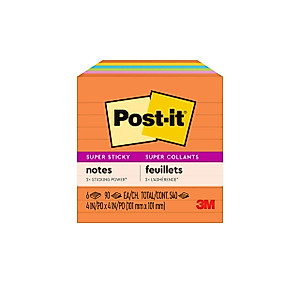 Post-it Super Sticky Notes, 4 in x 4 in, 6 Pads, 2x the Sticking Power, Energy Boost Collection, Bright Colors, Recyclable (675-6SSUC)