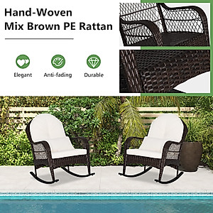 ORALNER Patio Wicker Rocking Chair, Outdoor PE Rattan Rocker with Seat and Back Cushion, Waist Pillow, Armrests, Garden Chair for Porch, Backyard, Poolside, Deck (1, Off White)