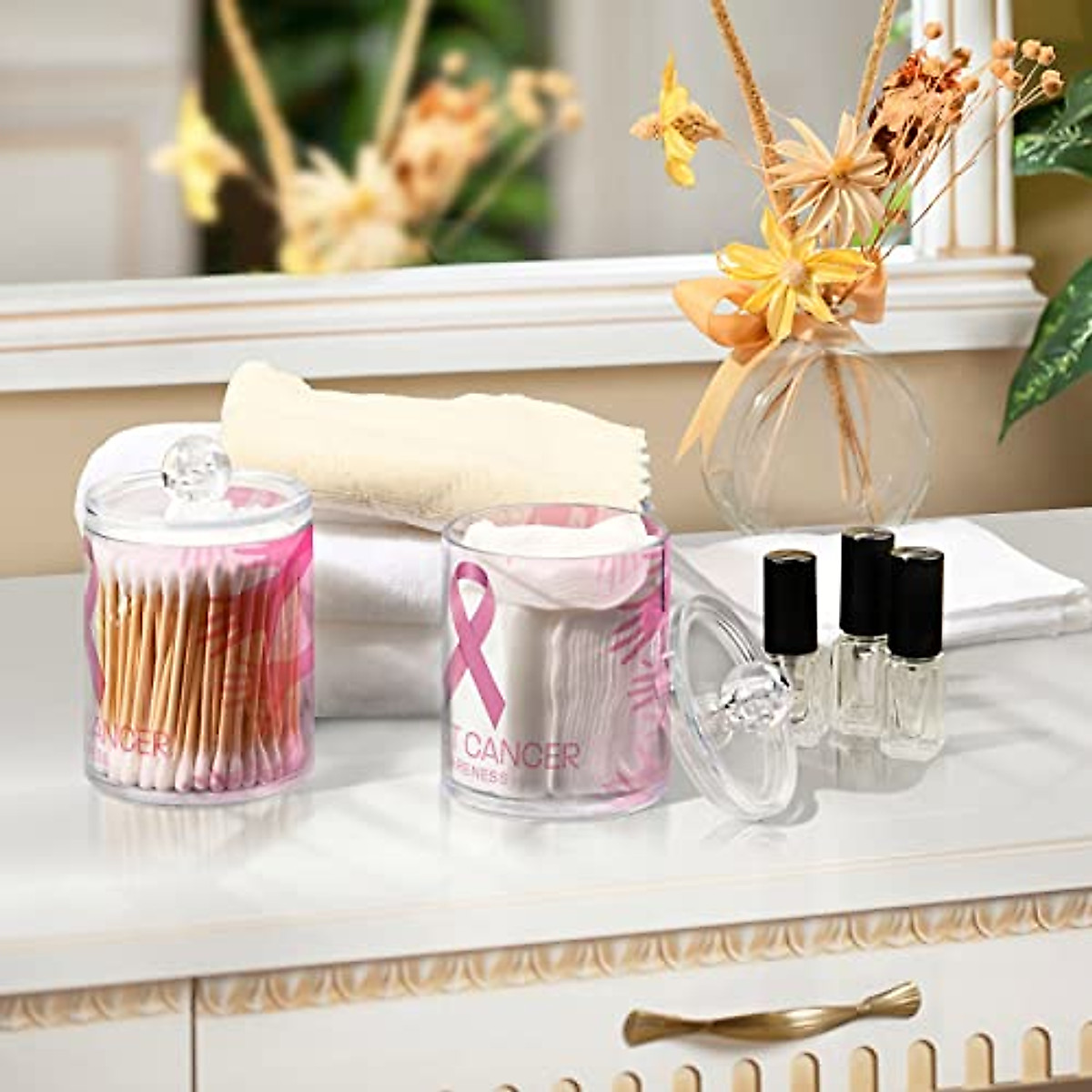 Breast Cancer Awareness 2 Pack 10 OZ Qtip Holder Dispenser for Cotton Ball, Cotton Swab, Cotton Round Pads, Floss, Plastic Apothecary Jar Set for Bathroom Canister Storage Organization, Vanity Makeup Organizer