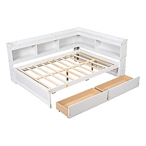 JIVOIT Full Size Captain Platform Bed with L-Shaped Bookcases and Two Storage Drawers, Solid Wood Platform Bed Frame with Wood Slats Support for Kids Teens Adults