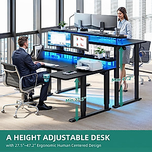 YITAHOME L Shaped Standing Desk Adjustable Height with Power Outlets & LED Lights, 63 x 43 Electric Standing Desk with Monitor Stand, Dual Motor 4 Legs Sit Stand Up Desk, Black