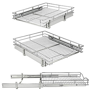 DINDON 1 Tier Pull Out Cabinet Organizer (17" W x 21" D) Heavy-Duty Metal Sliding Drawer Shelf, Slide Out Wire Basket for Kitchen Cabinets, Pantry, Bathroom, Chrome Finish…