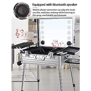Lorvain 24 Inch Large Makeup Train Case with Mirror and Lights, Rolling Cosmetic Trolley with Bluetooth, Professional Artist Cosmetic Travel Organizer Box Aluminum Makeup Case Salon Station (Silvery)