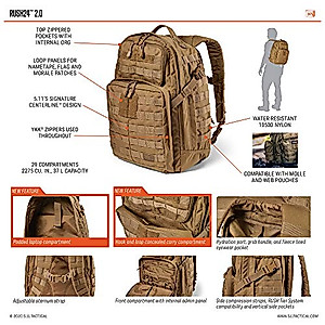 5.11 Tactical Backpack â€“ Rush 24 2.0 â€“ Military Molle Pack, CCW and Laptop Compartment, 37 Liter, Medium, Style 56564, Multicam