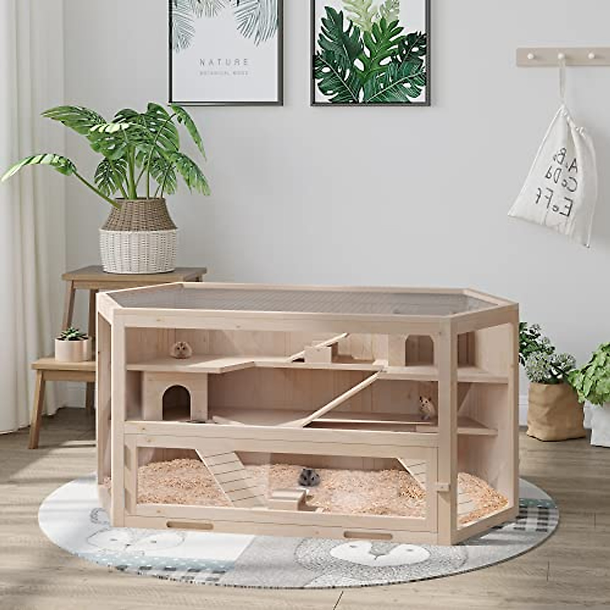 PawHut 3-Tier Extra Large Wooden Hamster Cage with Seesaws, Small Animal Cage and Habitat, Mice, Rat, Gerbil, & Hamster Habitat, Ladder, Feeding Bowl, Openable Top and Front Door