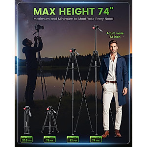 CAMBOFOTO 74"-Camera-Tripod, Porfessional Aluminum Heavy Duty Tripod Stand for Mirrorless Camera/DSLR/Cell Phone/Camcorder, with Holder and Travel Bag
