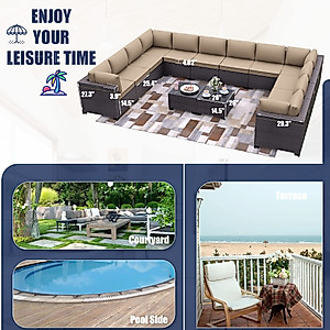 Delnavik Patio Furniture Set 14-Pieces Outdoor Furniture for Backyard Wicker Sectional Sofa Set, Rattan Patio Conversation Set with Thickened Cushions and Glass Coffee Table, Sand