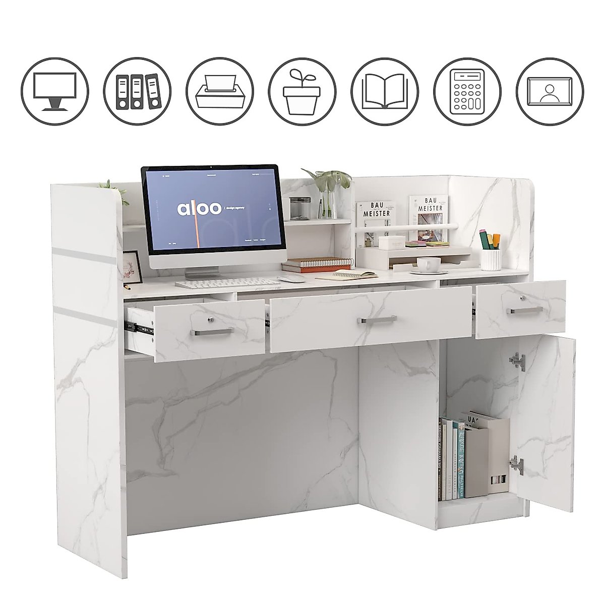 AGOTENI Reception Desk Reception Stations with Open Shelf & Drawers, Wooden Counter Desk with Lockable Drawer for Office Reception Room (Marble White)