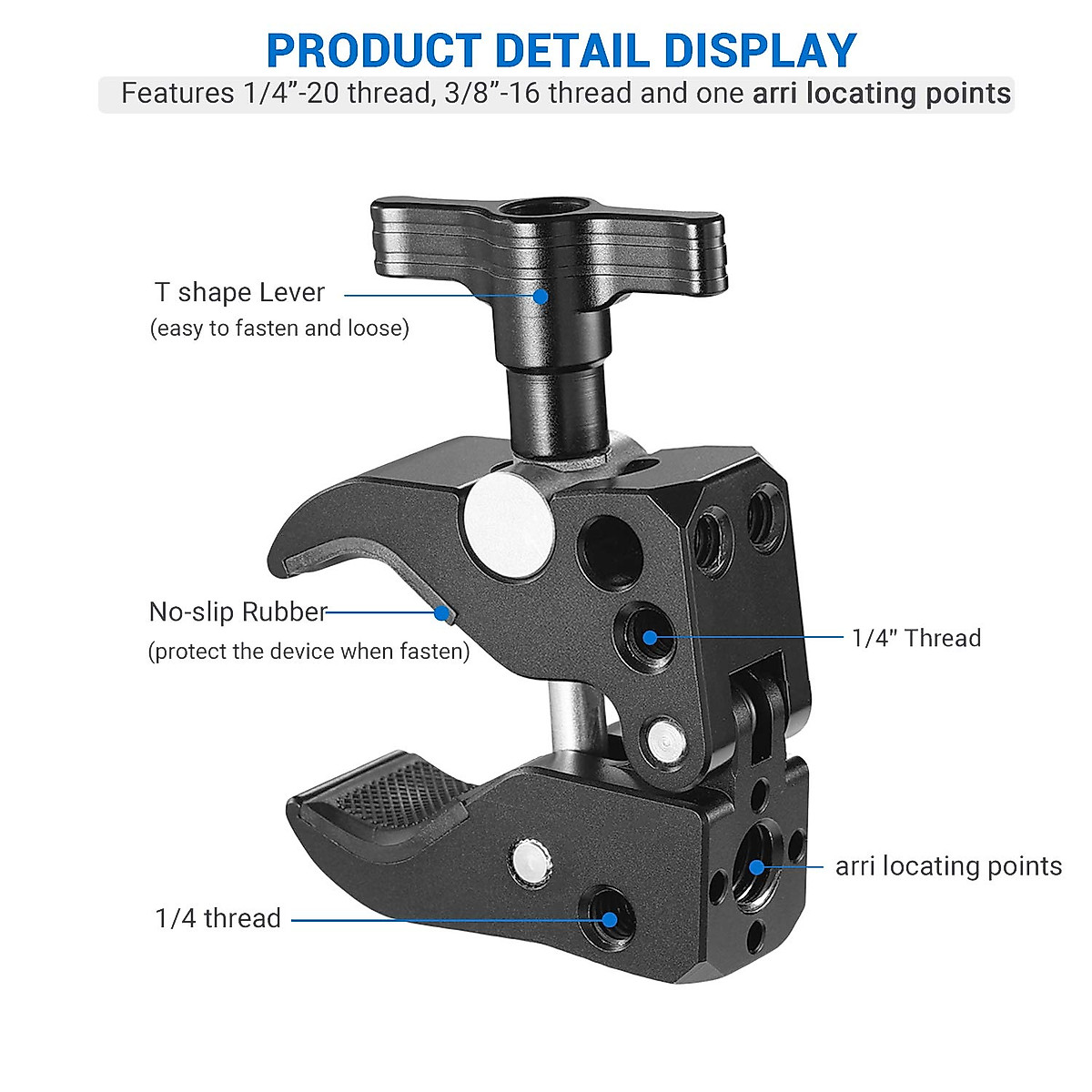 SMALLRIG Super Clamp with 1/4拻 Thread Holes, 3/8拻 Locating Pin for ARRI Standard, T-Shaped Wingnut and Rubber Pads