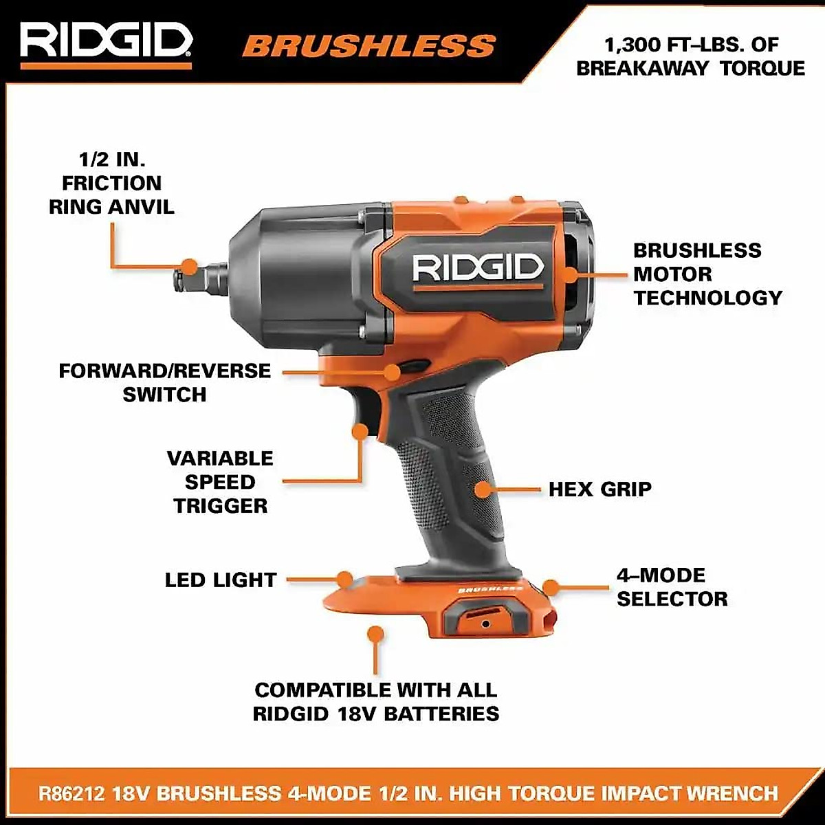 Pacroban 18V Brushless Cordless 4-Mode 1/2 in. High-Torque Impact Wrench Kit with 4.0 Ah Battery and Charger