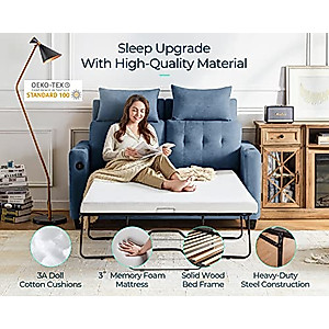 LINSY HOME Pull Out Sofa Bed, 2-in-1 Convertible Sleeper Couch with Memory Foam Mattress, Two Seat Loveseat Sleeper Sofa Bed for Living Room, Blue, Full Size