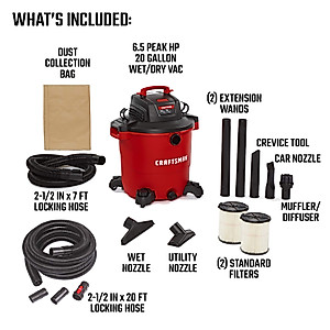 CRAFTSMAN CMXEVBE17596 20 Gallon 6.5 Peak HP Wet/Dry Vac, Heavy-Duty Shop Vacuum with 20-Foot Hose Kit and General Purpose Filter