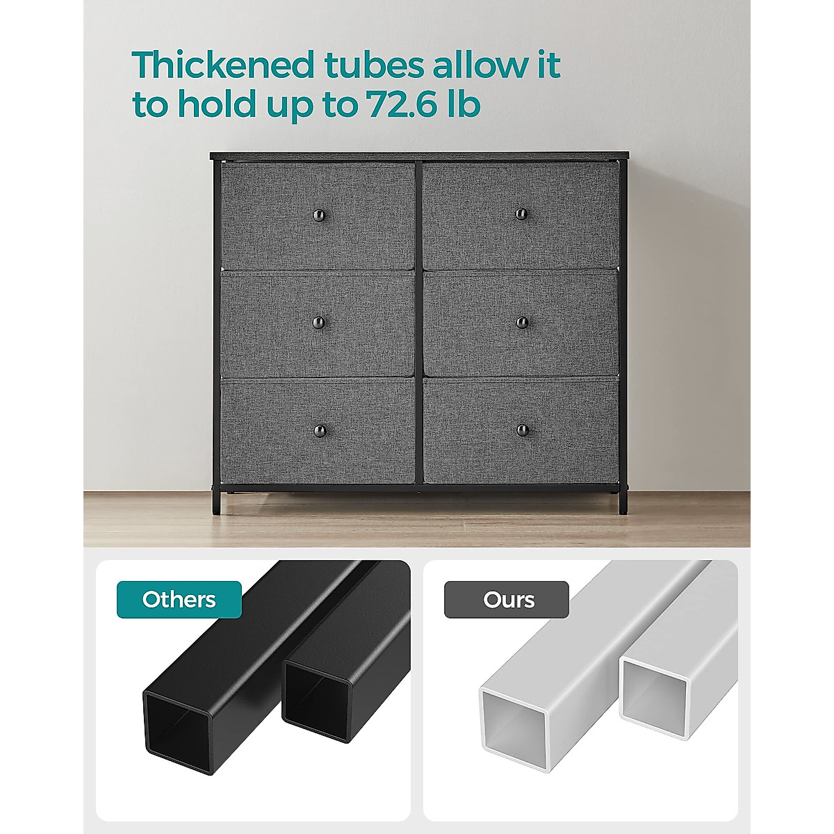 SONGMICS Dresser for Bedroom, Chest of Drawers, 6 Drawer Dresser, Closet Fabric Dresser with Metal Frame, Gray and Black with Wood Grain ULTS323G22, 11.8”D x 31.5”W x 27.1”H