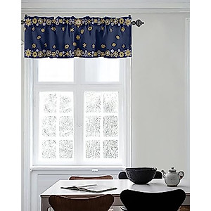 Christmas Day Kitchen Curtain Valance for Window Winter Geometric Snowflake 60x18In Rod Pocket Valances Short Curtains Window Treatment for Living Room Bathroom Bedroom Cafe Decor Gold White on Blue
