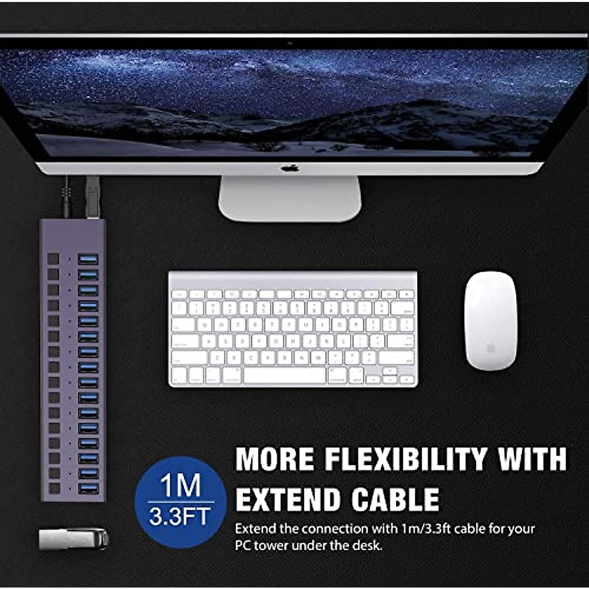 USB 3.0 Hub -16 Ports Powered USB Hub 90W USB Charging Hub with Individual On/Off Switches and 12V/7.5A Power Adapter and Lights for PC, Laptop, Computer, Mobile HDD, Flash Drive and More（Purple）