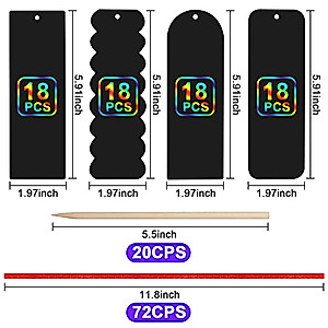 gsnma 72 Sets 4 Style Magic Scratch Rainbow Bookmarks Scratch Bookmarks Paper DIY Bookmark Crafts with 72 Pieces Colorful Ropes and 20 Pieces Wood Stick for Christmas and Birthday Party Favor