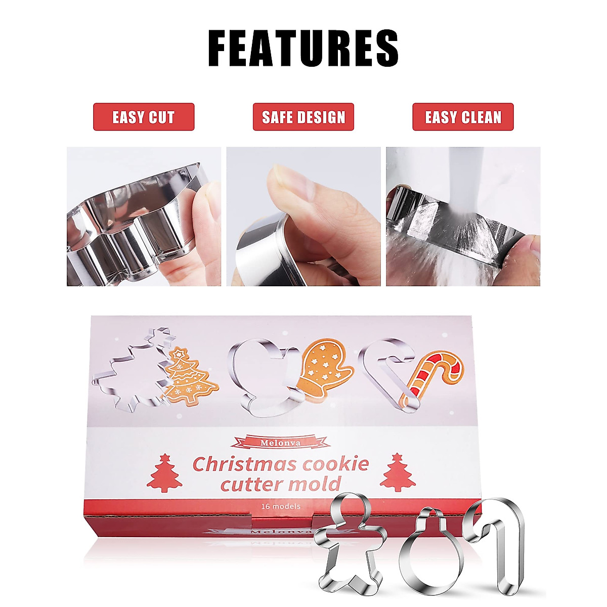 16 Pcs Christmas Cookie Cutters Winter Set with Decorating Instructions Stainless Steel Gingerbread Man Tree Snowflake Candy Cane Santa Snowman And More