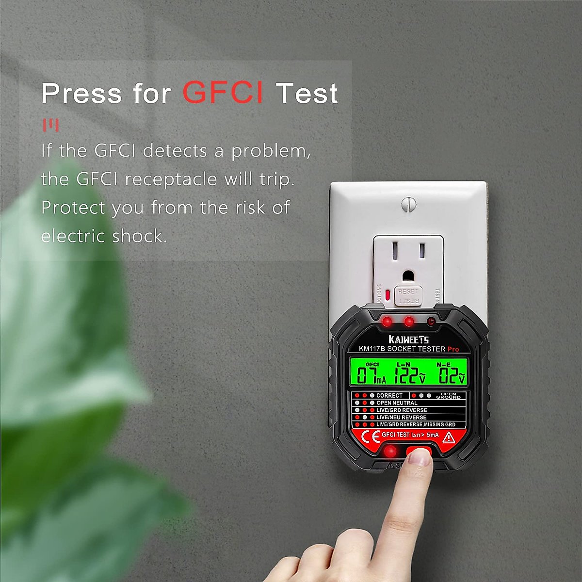 KAIWEETS Outlet Tester Electrical GFCI Receptacle Detector with LCD Display, 3 Prong 120V AC Voltage Socket Checker, 6 Visual Indication/Wiring Legend for Home