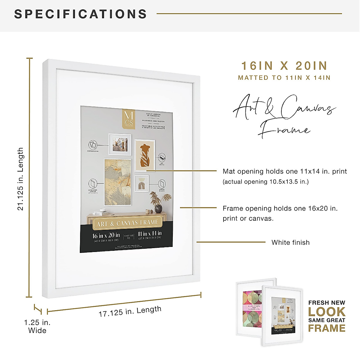 MCS Gallery Wooden Frame for Canvas, Art Boards, Photos and more, White, 16x20 with 11x14 Mat