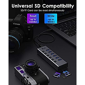 LIONWEI Universal 8-Port Powered USB 3.0/USB C Hub, Aluminum USB Splitter with 6 USB 3.0 Data Ports, SD/TF Card Readers, On/Off Power Switches, AC Adapter