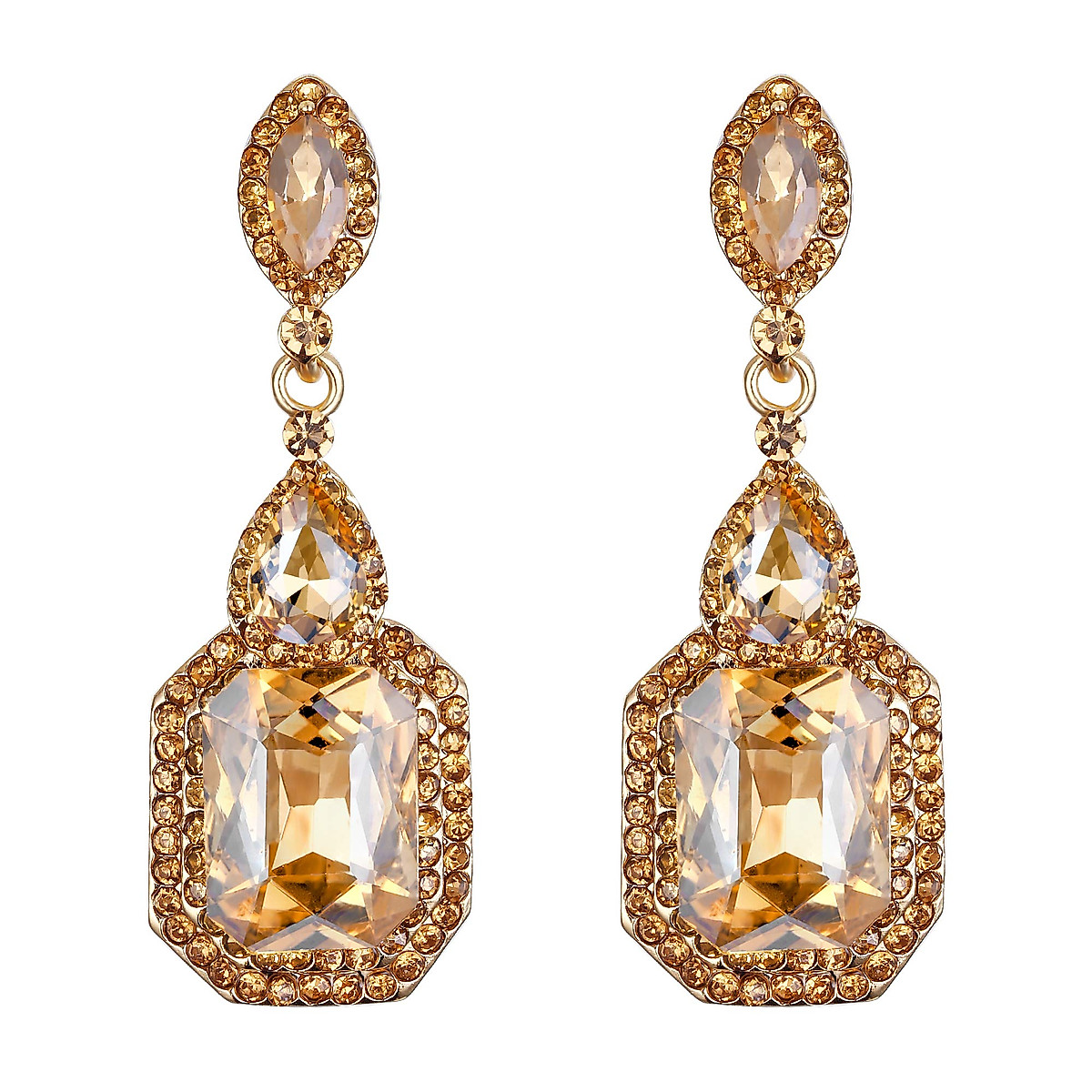 BriLove Wedding Bridal Clip On Earrings for Women Crystal Emerald Cut Infinity Figure 8 Dangle Earrings Champagne Gold-Tone