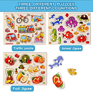 Wooden Peg Puzzles for Toddlers, 3 Pack Ocean Transportation Fruit Puzzles for Kids 1-3 Years Old, Early Educational Preschool Learning Puzzles Toys for Boys and Girls Ages 1 2 3 4 5