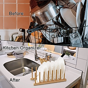 2PCS Bamboo Wooden Dish Rack, Plate Rack Stand Pot Lid Holder w/Holds 14 Plates, Kitchen Dish Plate Storage Cabinet Organizer Drainer w/ 7 Slots for Cup, Cutting Board, Bowl, Drying Rack and More