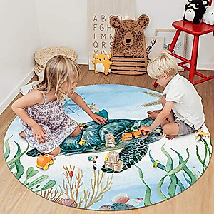 Ocean Life Round Area Rug 5 Ft, Sea Turtle Starfish World Underwater Pattern Soft Throw Rug Non-Slip Washable Carpet for Kid's Room, Nursery, Living Room, Bedroom, Teen's Room, Modern Home Decor