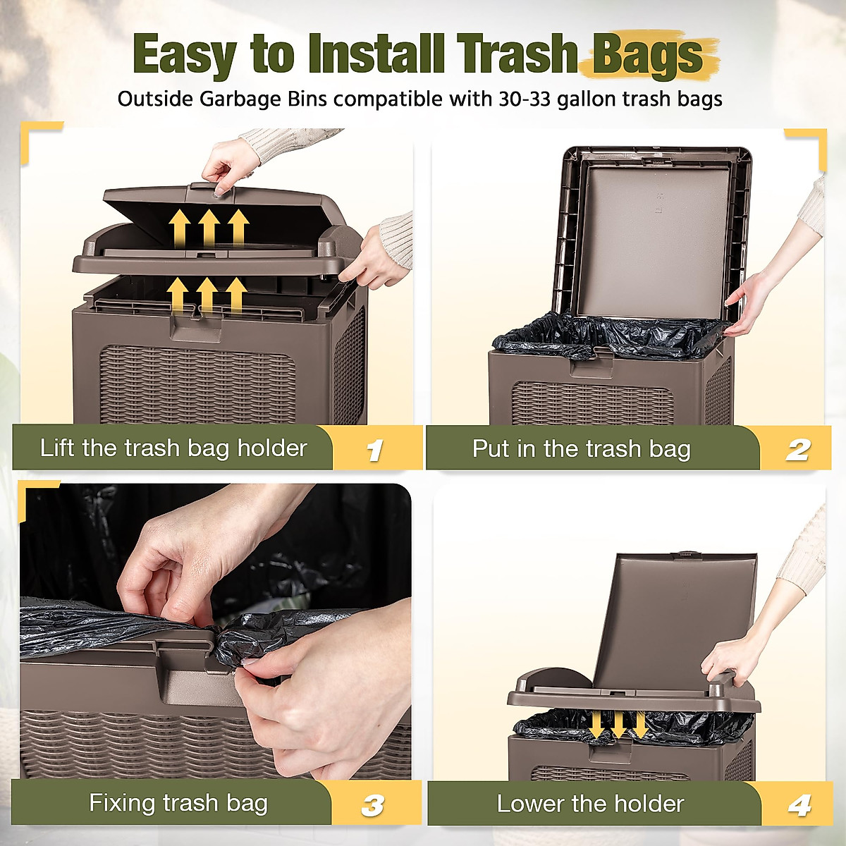 Devoko 33 Gallon Outdoor Trash Can, Hideaway Garbage Bins with Tiered Lid, Waterproof Resin Outside Waste Bins for Patio, Outside Pool, Backyard and Deck(Deep Brown)