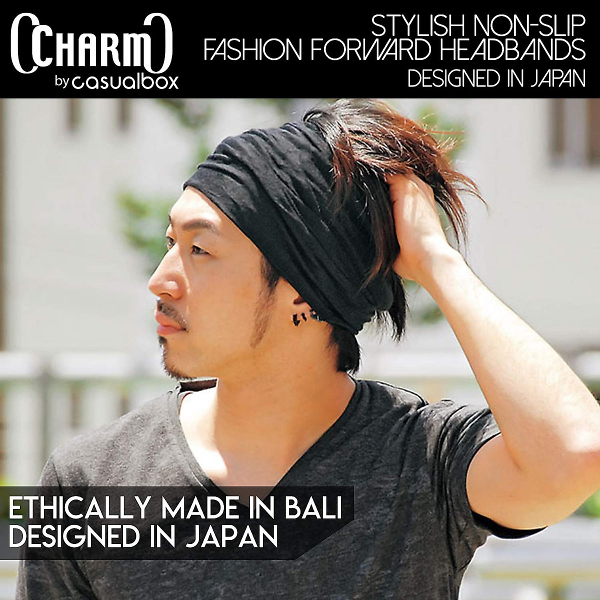 CHARM Mens Head Wraps Elastic Bandana - Japanese Headband Workout Women Hair Black