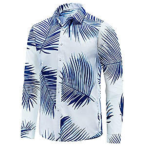 EUOW Mens Hawaiian Shirts Floral Printed Casual Long Sleeve Button Down Beach Dress Shirts (YZ Blue, S)