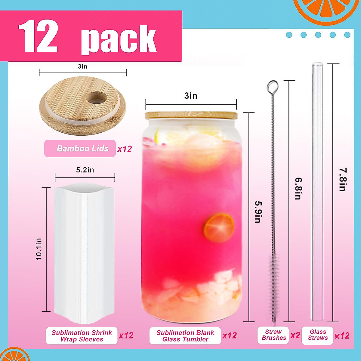 Kocdam 12 pack Sublimation Glass Cups with Bamboo Lids and Straws, Frosted 16oz Blanks Sublimation Beer Cans, Borosilicate Glasses, Sublimation Tumblers for Beer, Juice, Soda, Iced Coffee