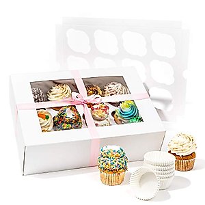 SMIRLY White Cupcake Boxes 12 Count: Disposable Cupcake Containers 12 Count, Cupcake Holder with Lid, Cupcake Carrier, Bakery Boxes with Window, Pastry Boxes Cookie Boxes with Window Large Treat Boxes