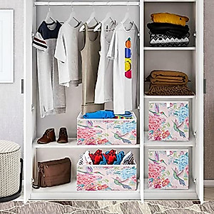Kigai Tropical Flowers Hummingbirds Open Home Storage Bins, for Home Organization and Storage, Toy Storage Cube, Collapsible Closet Storage Bins, with Small Handles, 11.02"L x 11.02"W x 11.02"H
