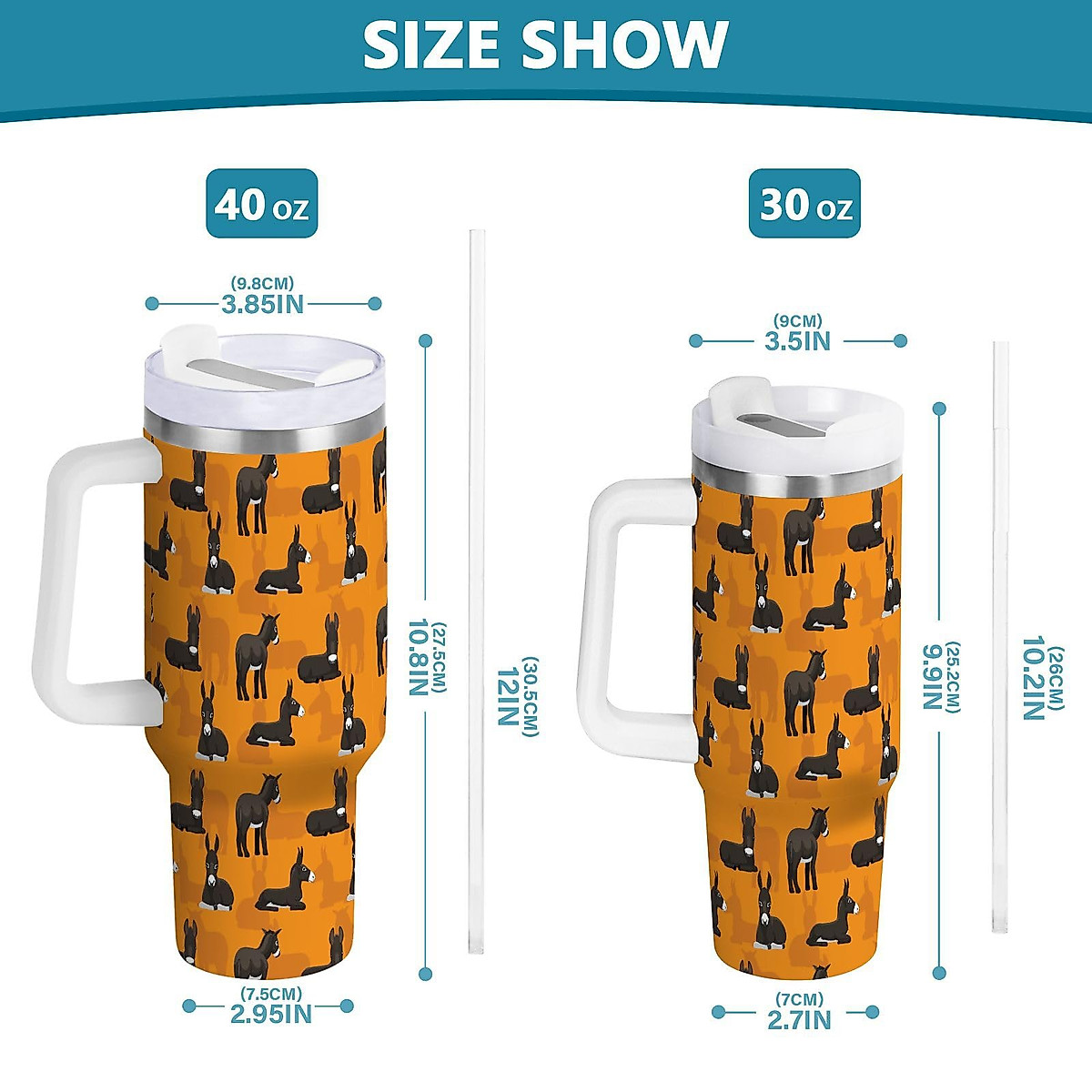 IHCVHQX Tumbler With Handle and Straw 30oz Cute Donkey Orange Insulated Tumbler Cups Stainless Steel Travel Coffee Mug