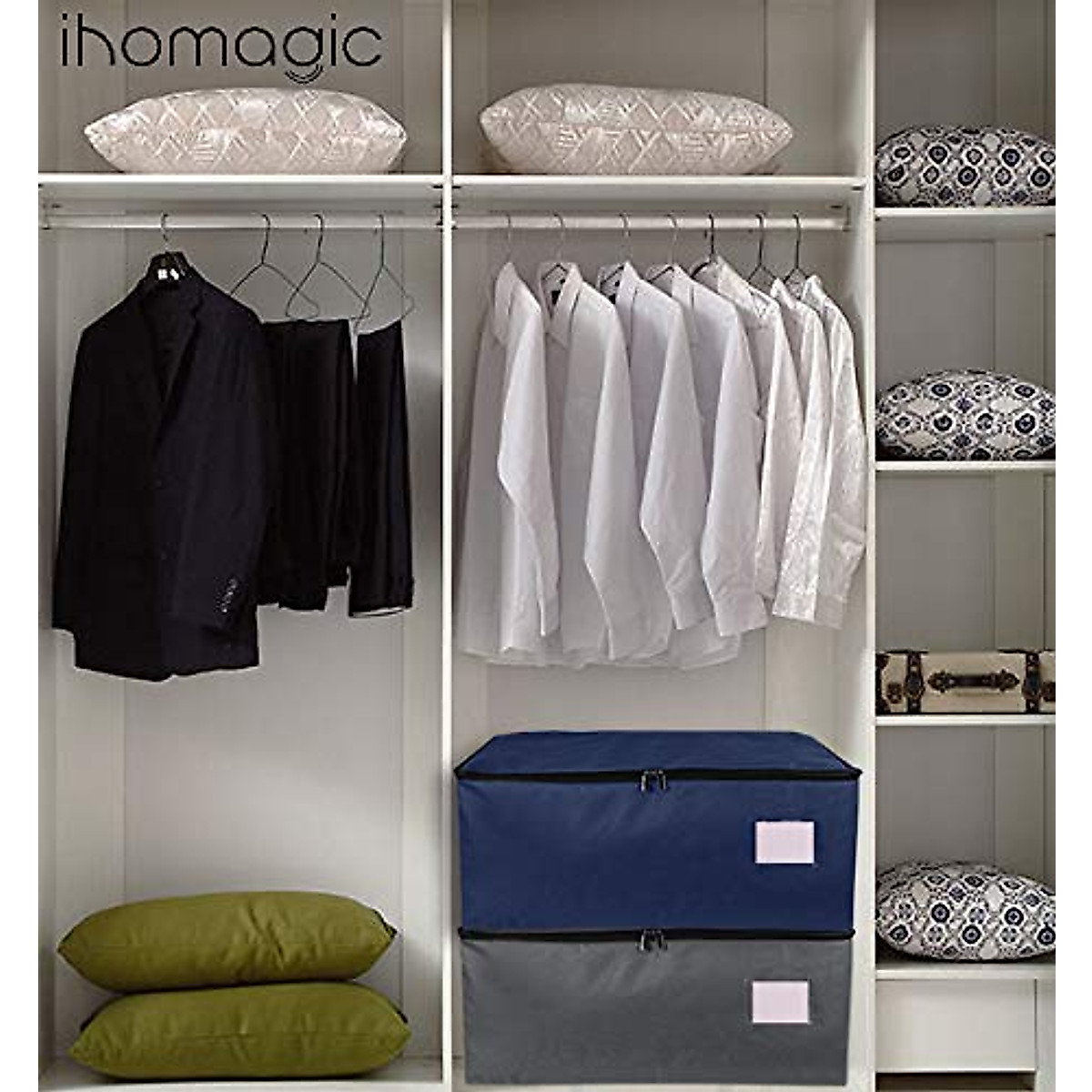 IHOMAGIC 2-Pack Under Bed Storage Bag, Zippered Clothes Storage Organizer with Handles - Storage Bins with Clear Pocket to Insert Label – for Clothing, Blankets, Towels 49L(Navy Blue/Dark Grey, S)
