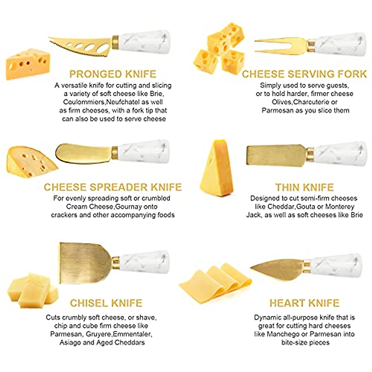 Golden Cheese Knife Set 6 Piece, Marble Handle Butter Spatula Knives, Cheese Spreader Cutter with Ergonomic Ceramic Handle, Cheese Shaver and Fork for Birthday, Wedding, Party (White)